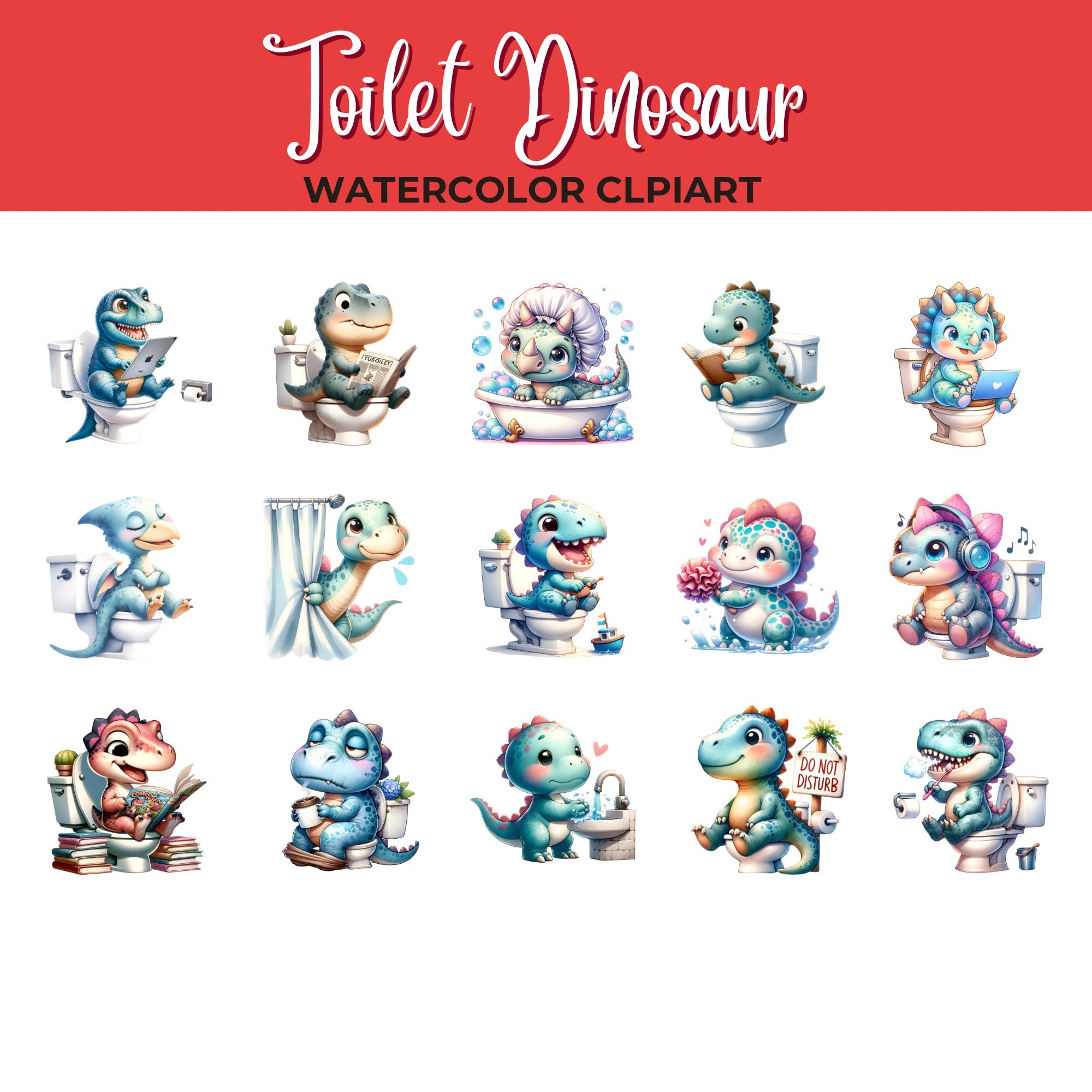 Watercolor Toilet Dinosaur Clipart: Funny Dino PNG, Bathroom Decor ...
