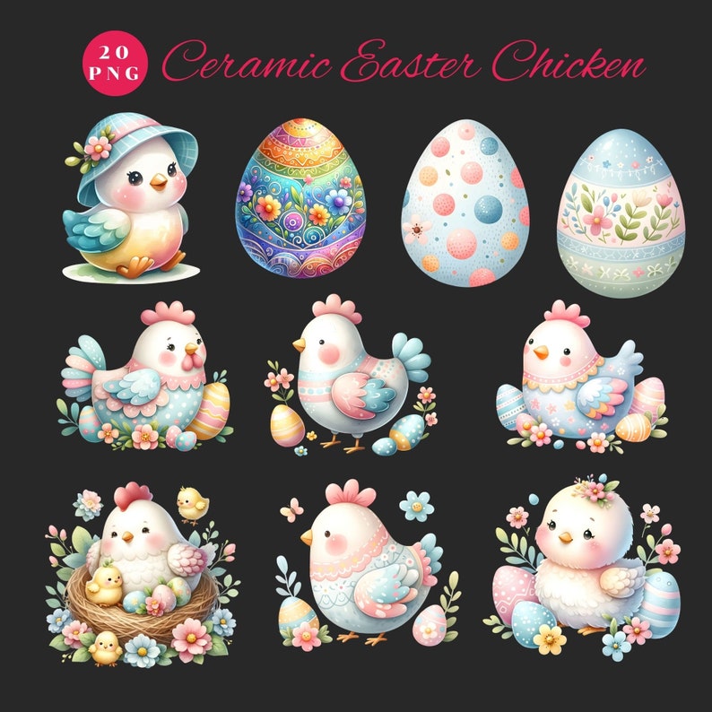 Watercolor Easter Ceramic Chicken Clipart, Ceramic Cute Chicks Clipart ...