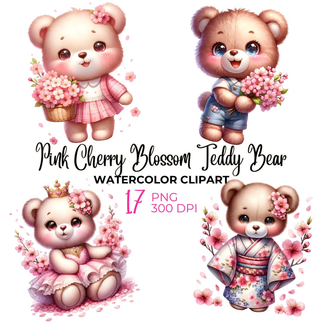 Watercolor Pink Cherry Blossom Teddy Bear Clipart, Teddy Bear PNG ...