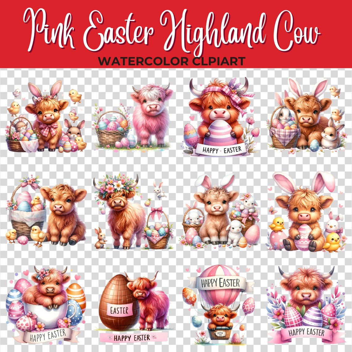 Watercolor Pink Easter Highland Cow Clipart, Easter PNG, Baby Highland ...