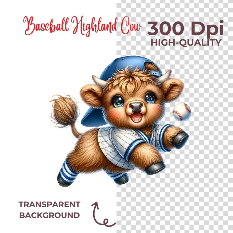 Watercolor Baseball Highland Cow Clipart, Baby Highland Cow PNG, Summer ...