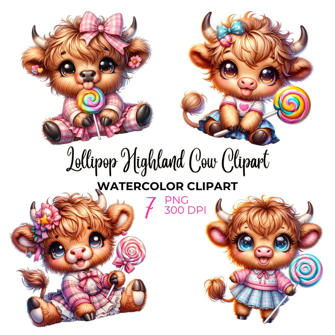 Watercolor Highland Cow Lollipop Clipart, PNG Set - Etsy