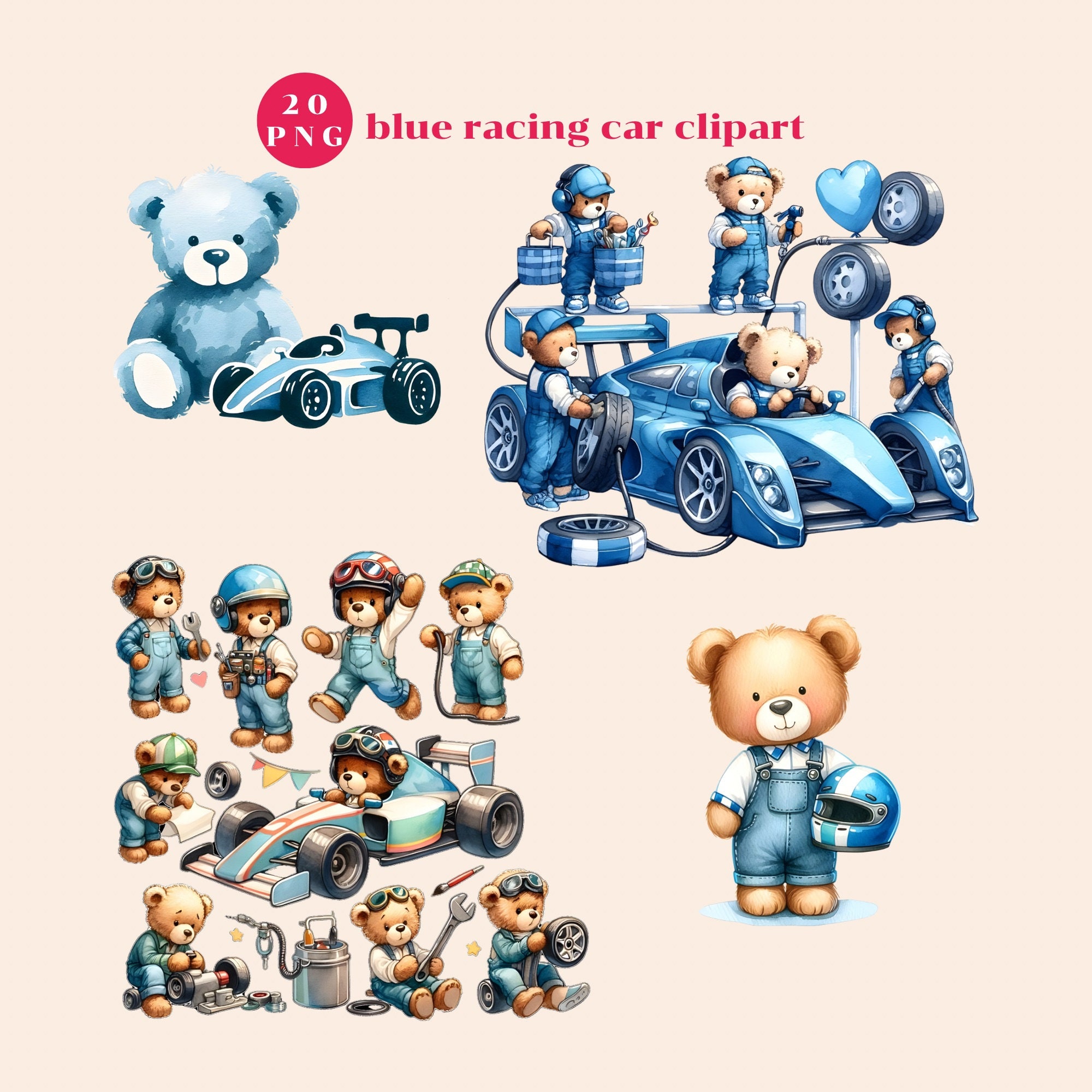 Blue Racing Bears Clipart: Watercolor Nursery PNG (digital Download) - Etsy