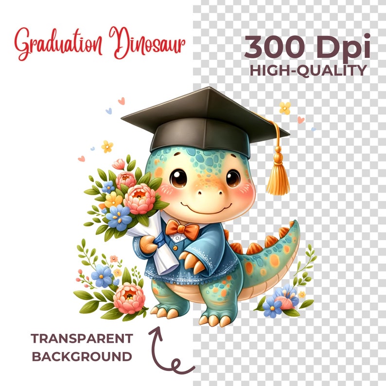 Watercolor Graduation Dinosaur Clipart: 20 PNG Images (commercial Use ...