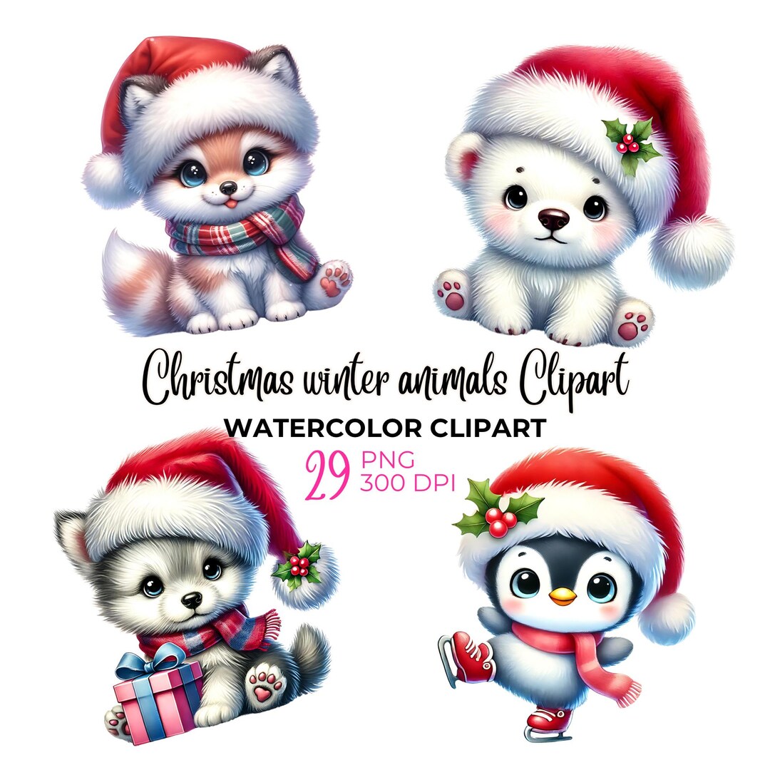 Watercolor Christmas Animals Clipart, Cute Winter PNG (300 DPI) - Etsy