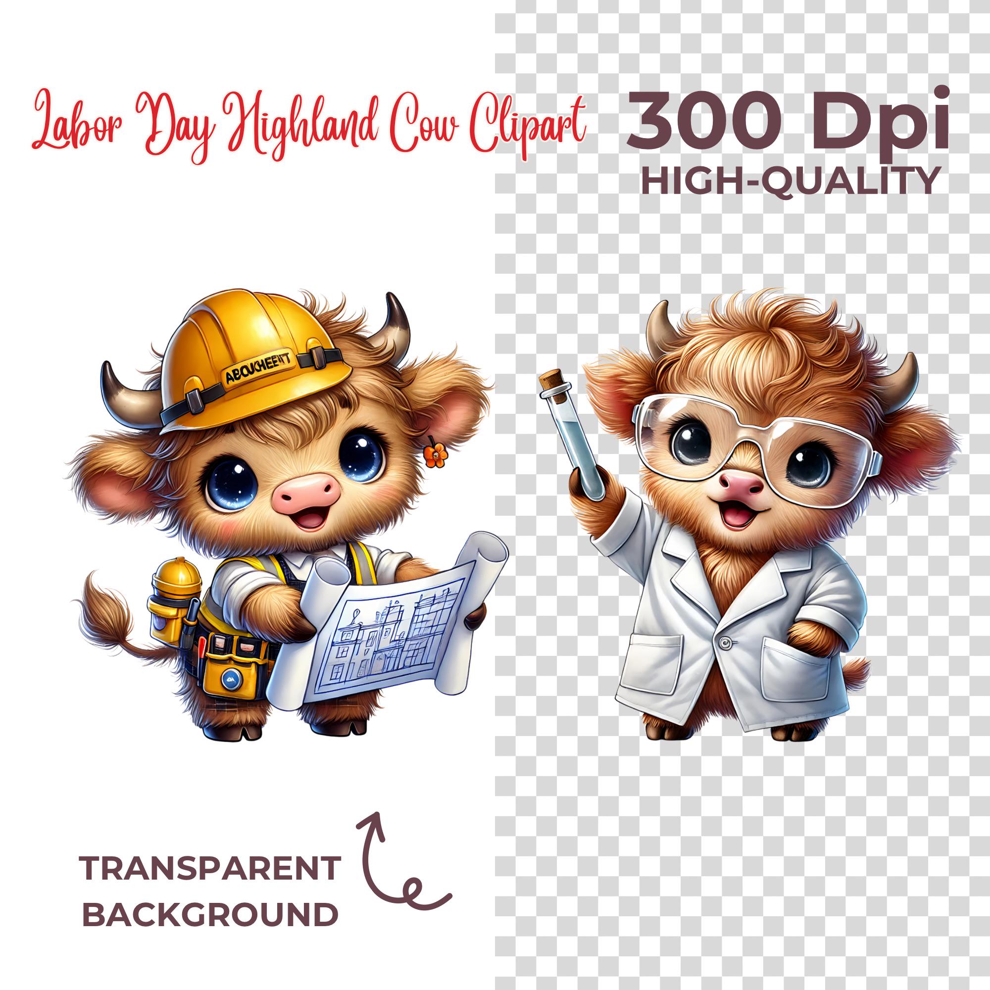 Watercolor Highland Cow Labor Day Clipart: Career PNG Set (digital ...