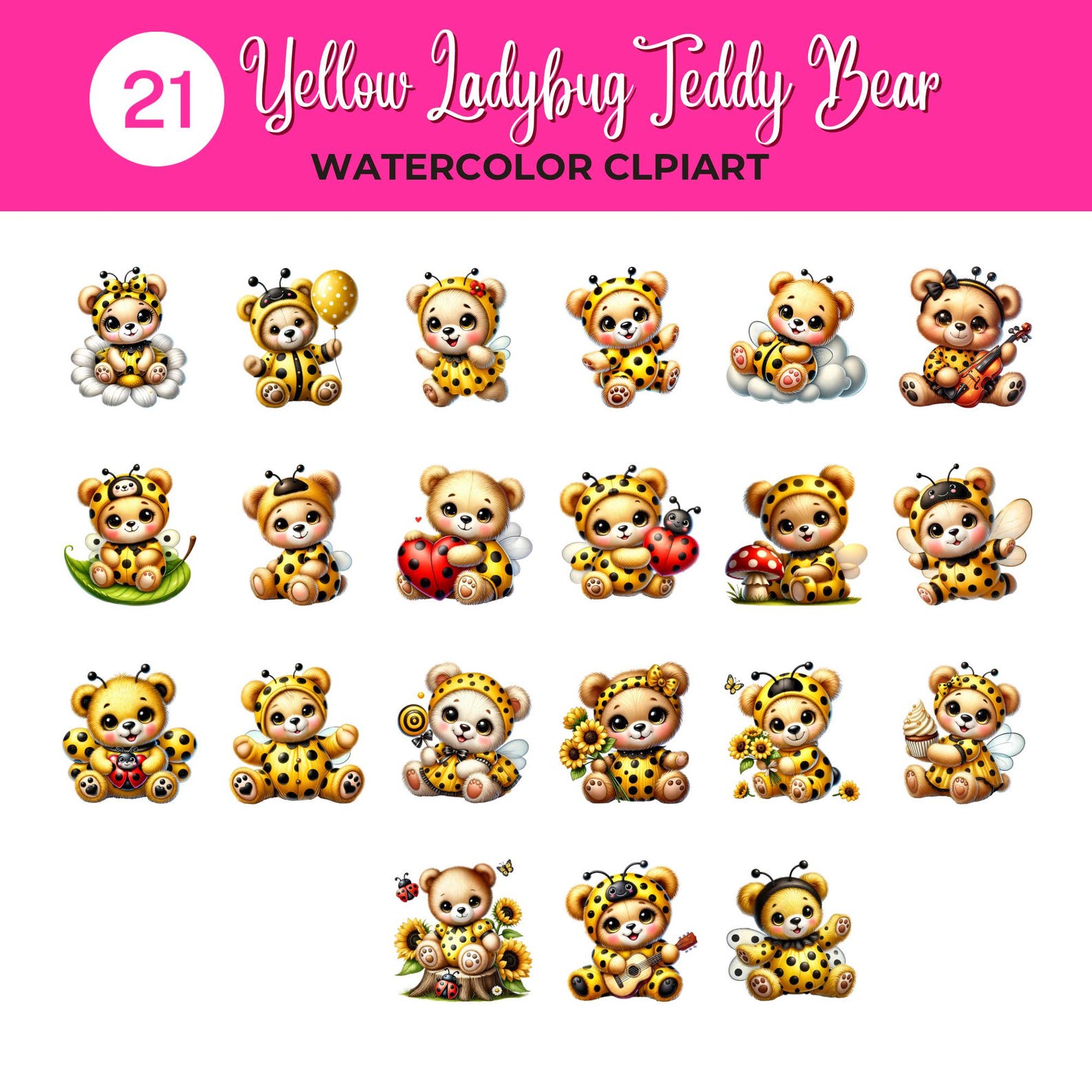 Watercolor Ladybug Teddy Bear Clipart Bundle: Nursery PNG (300 DPI) - Etsy