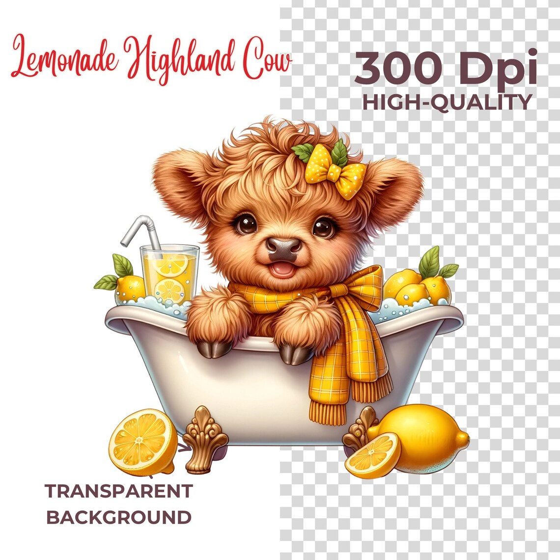 Watercolor Lemonade Highland Cow Clipart: Summer PNG (digital Download ...