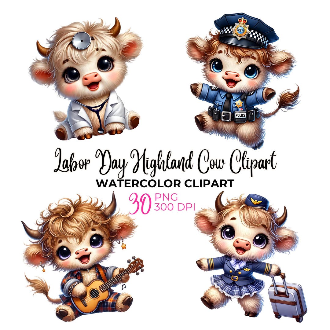 Watercolor Highland Cow Labor Day Clipart: Career PNG Set (digital ...