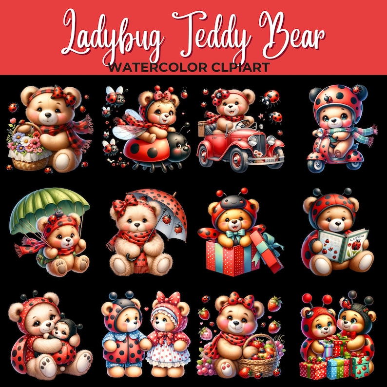 Watercolor Ladybug Teddy Bear Clipart: Nursery PNG (digital Download ...
