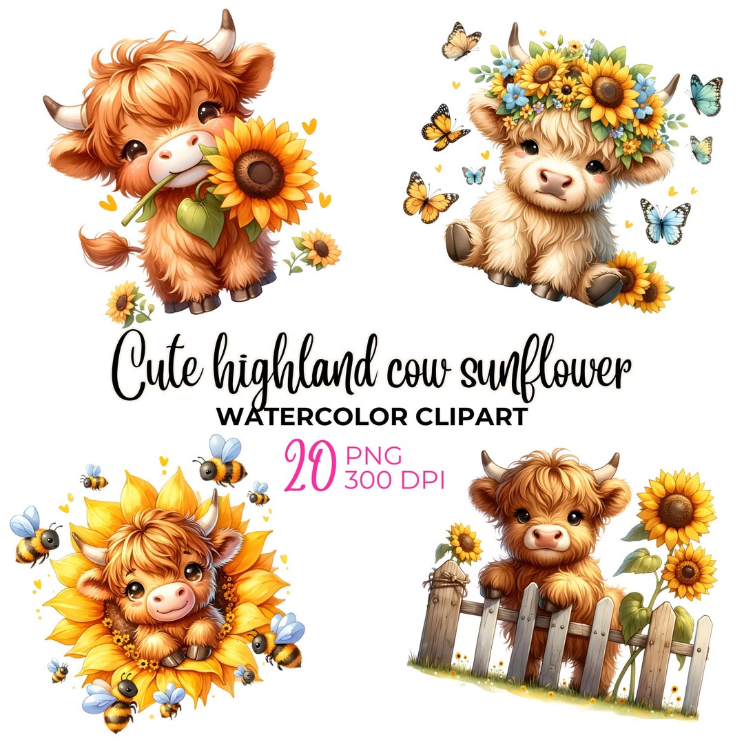 Watercolor Highland Cow Sunflower Clipart: Baby Animal PNG (commercial ...