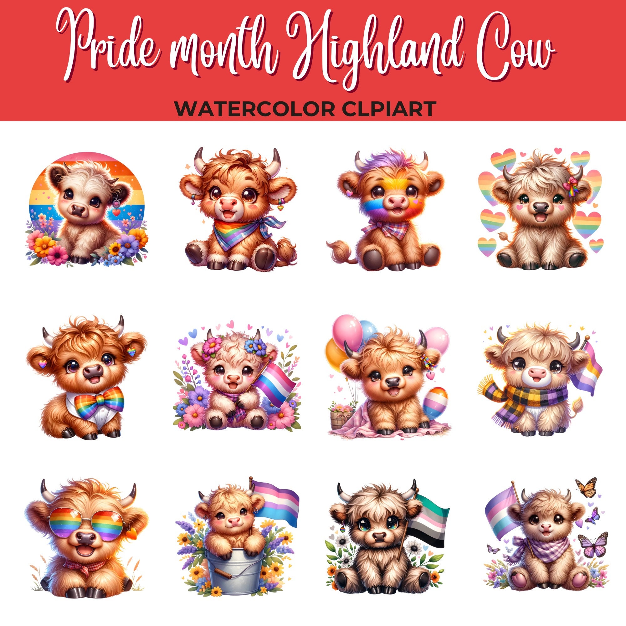 Watercolor LGBTQ Pride Month Highland Cow Clipart, Baby Highland Cow ...