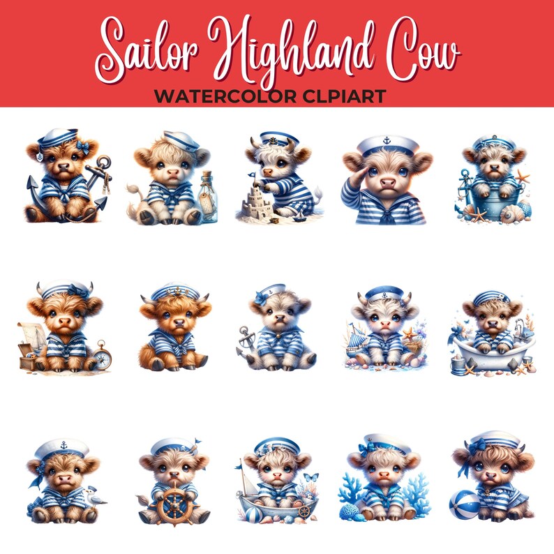 Watercolor Sailor Highland Cow Clipart, Nautical Highland Cow Clipart ...