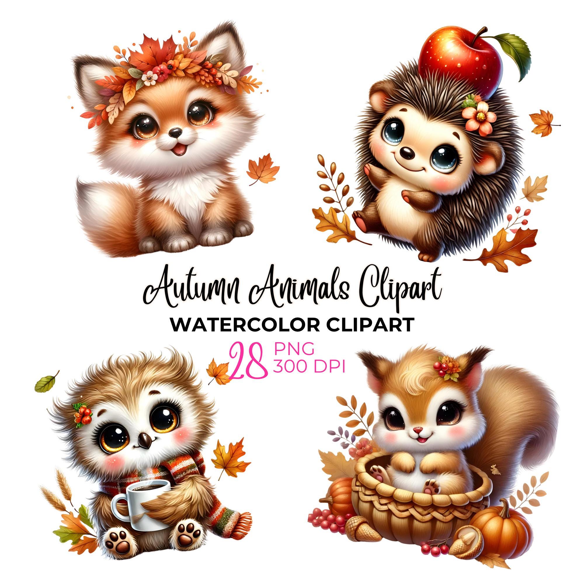 Watercolor Autumn Animals Clipart, Cute Fall Animals PNG, Baby Jungle ...