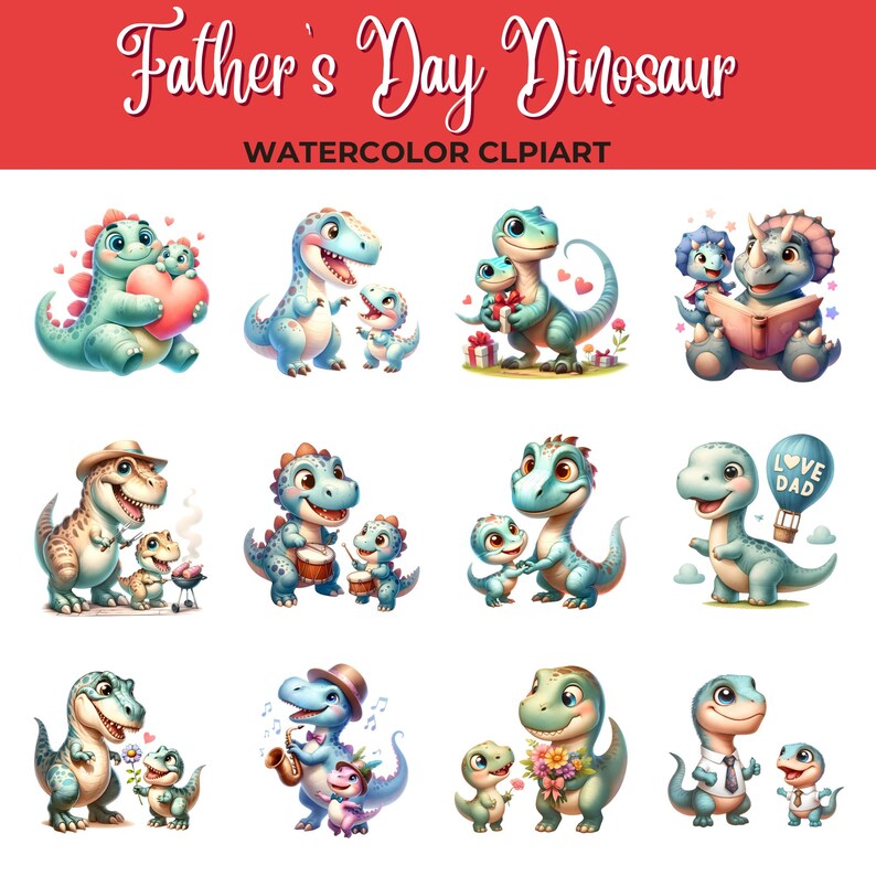 Watercolor Father's Day Dinosaur Clipart: 24 PNG Images (commercial Use ...