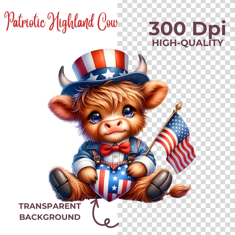 Watercolor Patriotic Highland Cow Clipart: American 4th of July (PNG ...