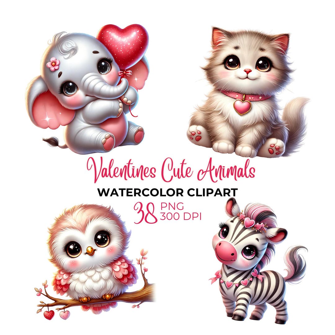 Watercolor Valentines Cute Animals Clipart, Woodland Animals PNG ...