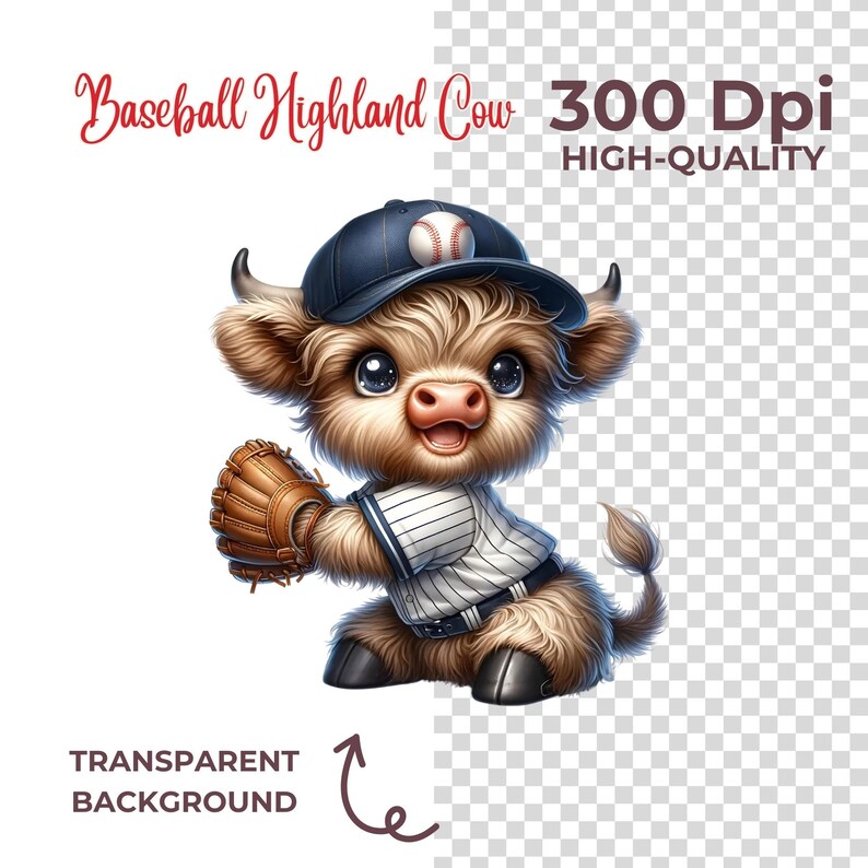 Watercolor Baseball Highland Cow Clipart, Baby Highland Cow PNG, Summer ...