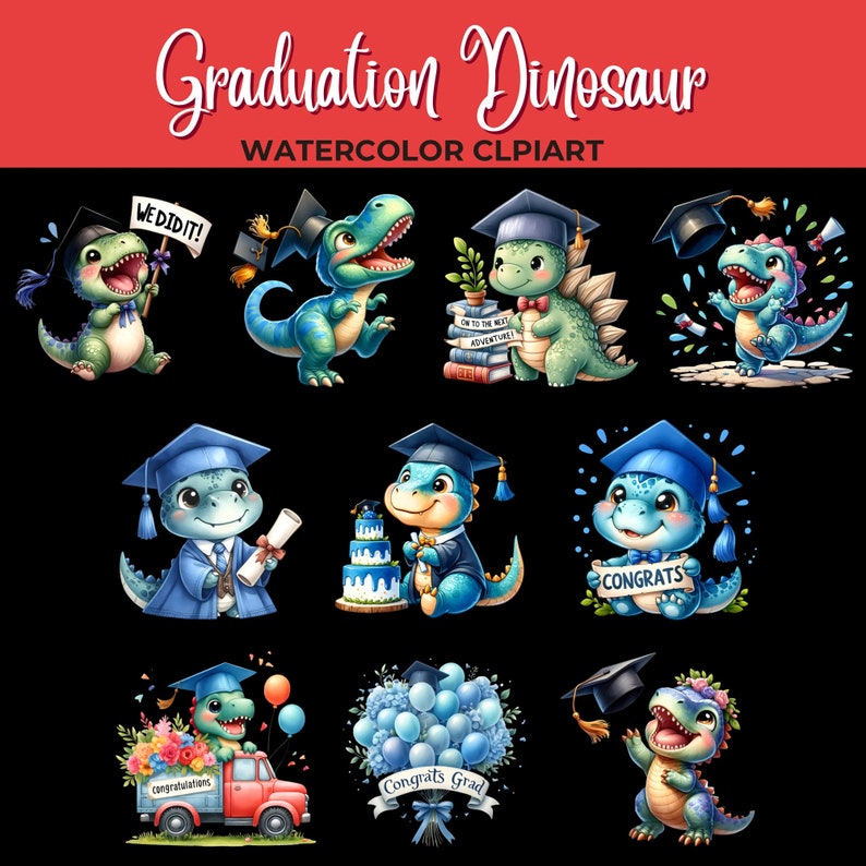 Watercolor Graduation Dinosaur Clipart: 20 PNG Images (commercial Use ...