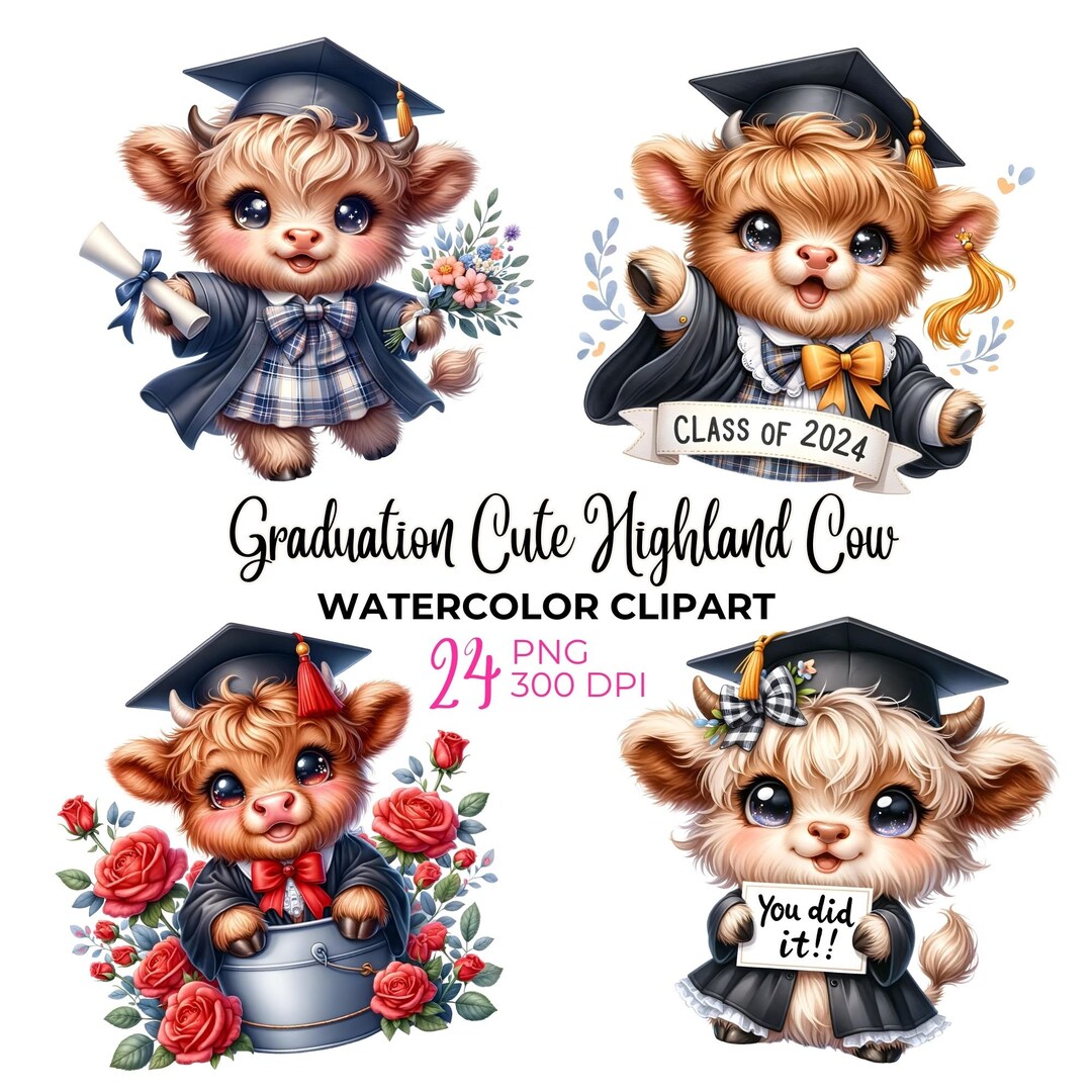 Watercolor Graduation Highland Cow Clipart: 24 PNG Images (3000x3000px ...