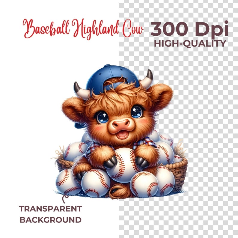 Watercolor Baseball Highland Cow Clipart, Baby Highland Cow PNG, Summer ...