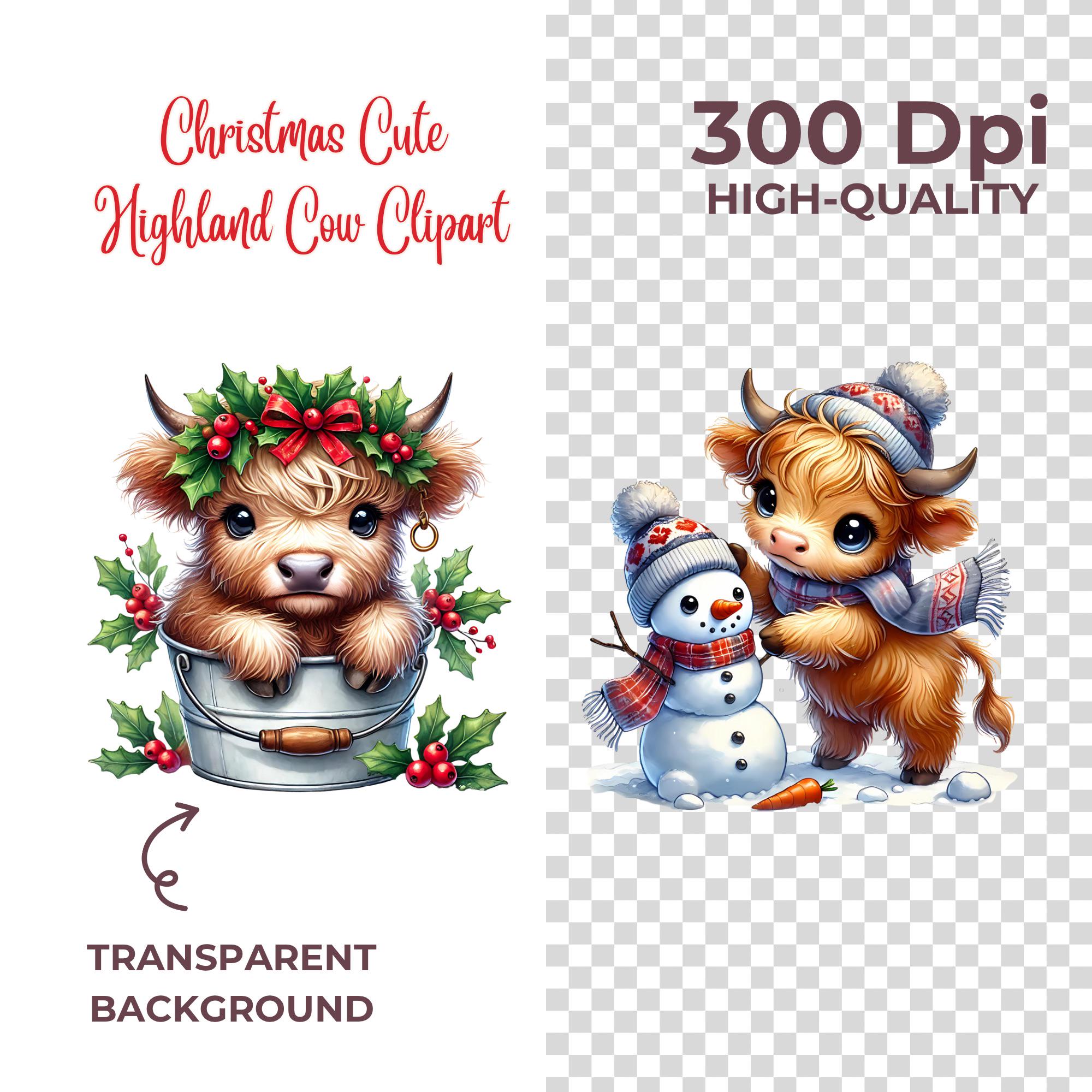 Watercolor Christmas Cute Highland Cow Clipart, Winter Cute Highland ...
