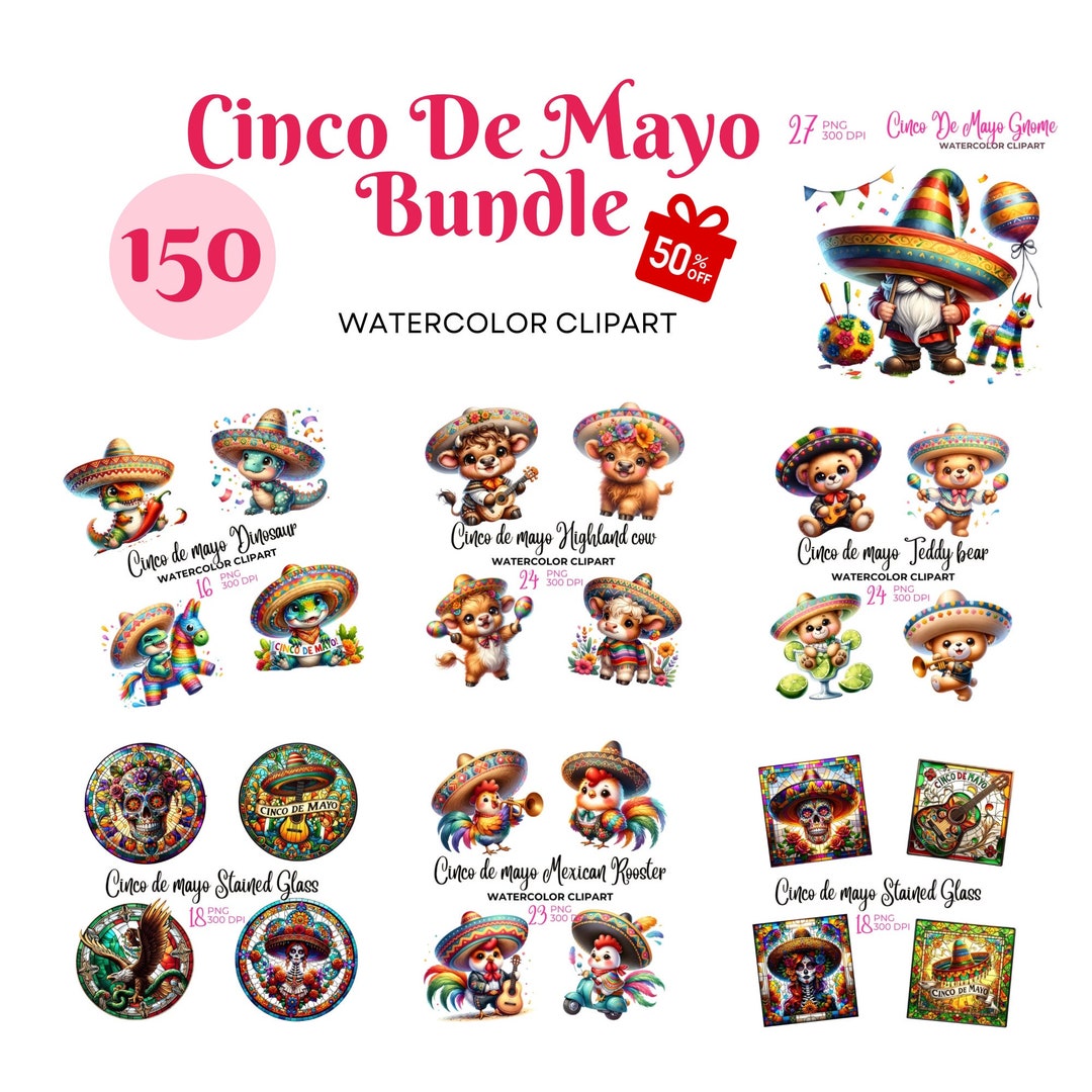 Watercolor Cinco De Mayo Bundle Clipart, Dinosaur PNG, Gnome Clipart ...