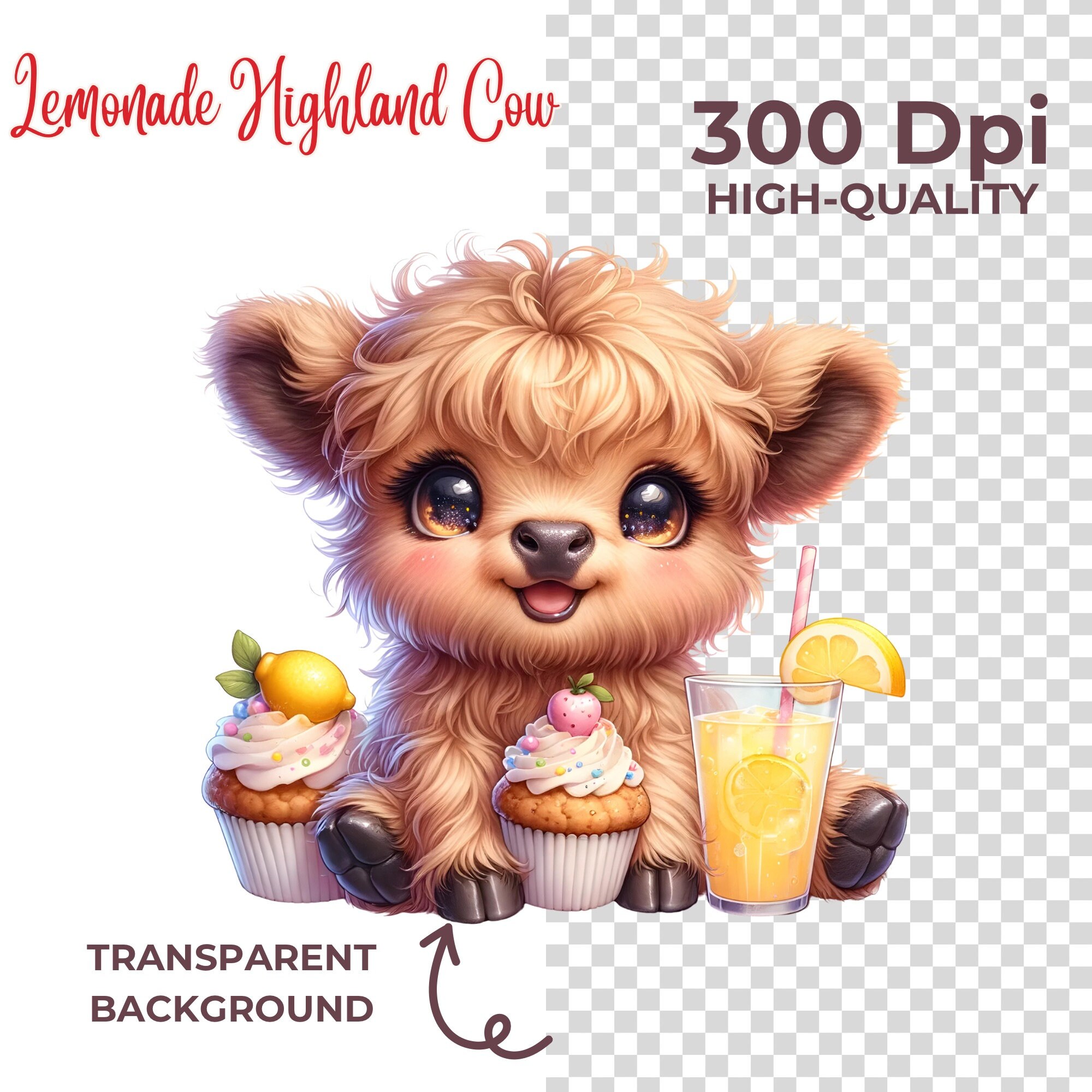 Watercolor Lemonade Highland Cow Clipart, Summer Baby Highland Cow PNG ...