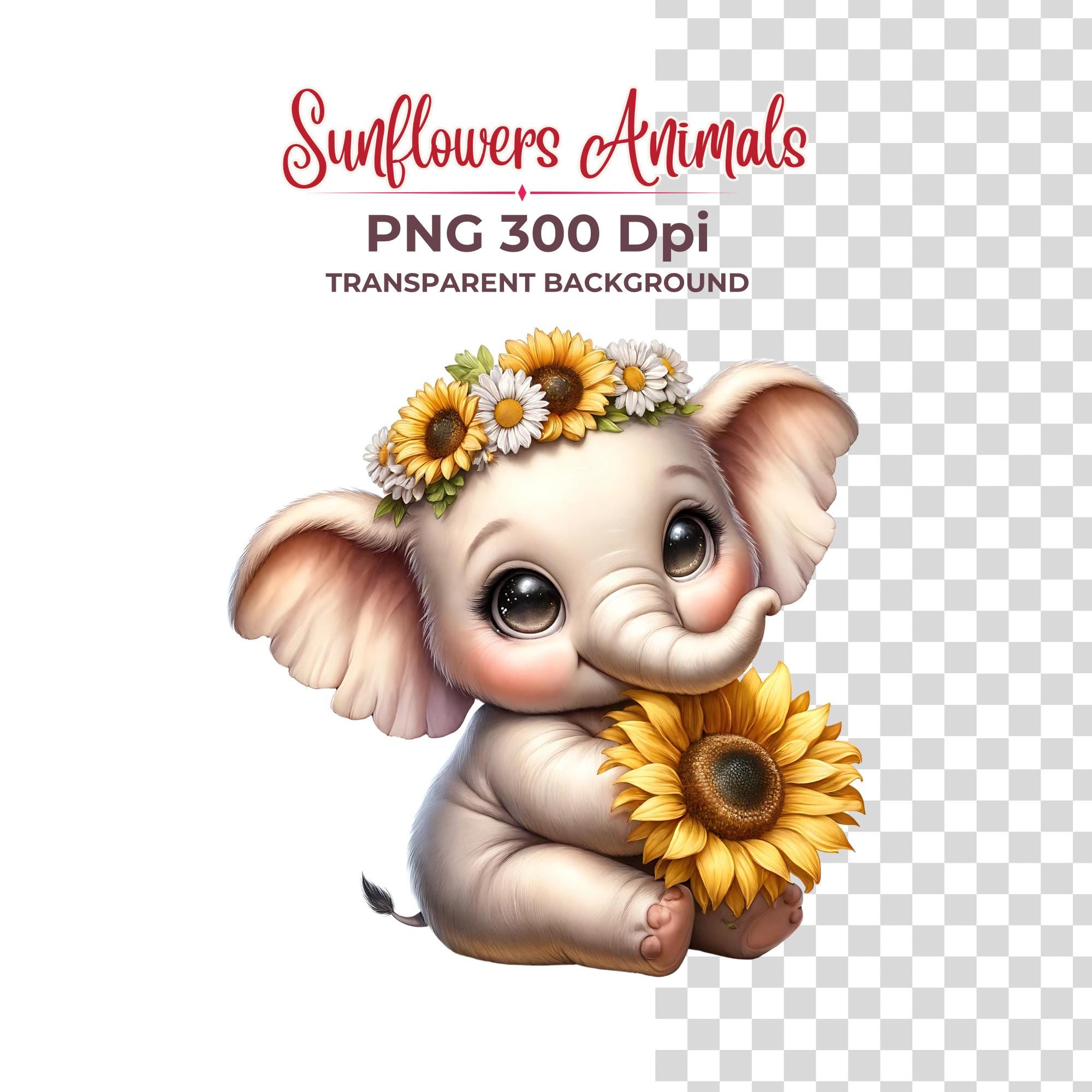 Watercolor Sunflowers Animals Clipart, Cute Animals PNG, Baby Jungle ...