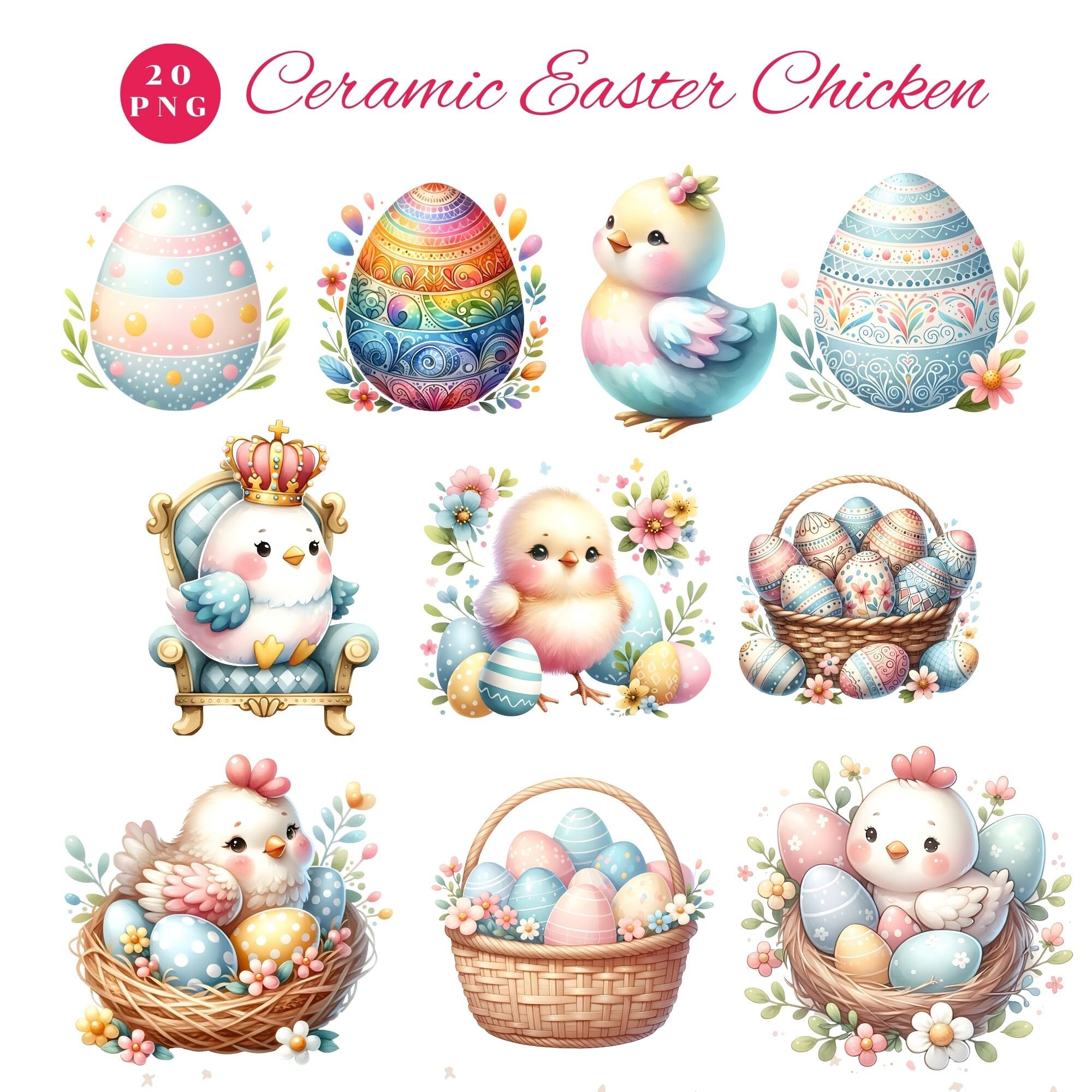 Watercolor Easter Ceramic Chicken Clipart, Ceramic Cute Chicks Clipart ...