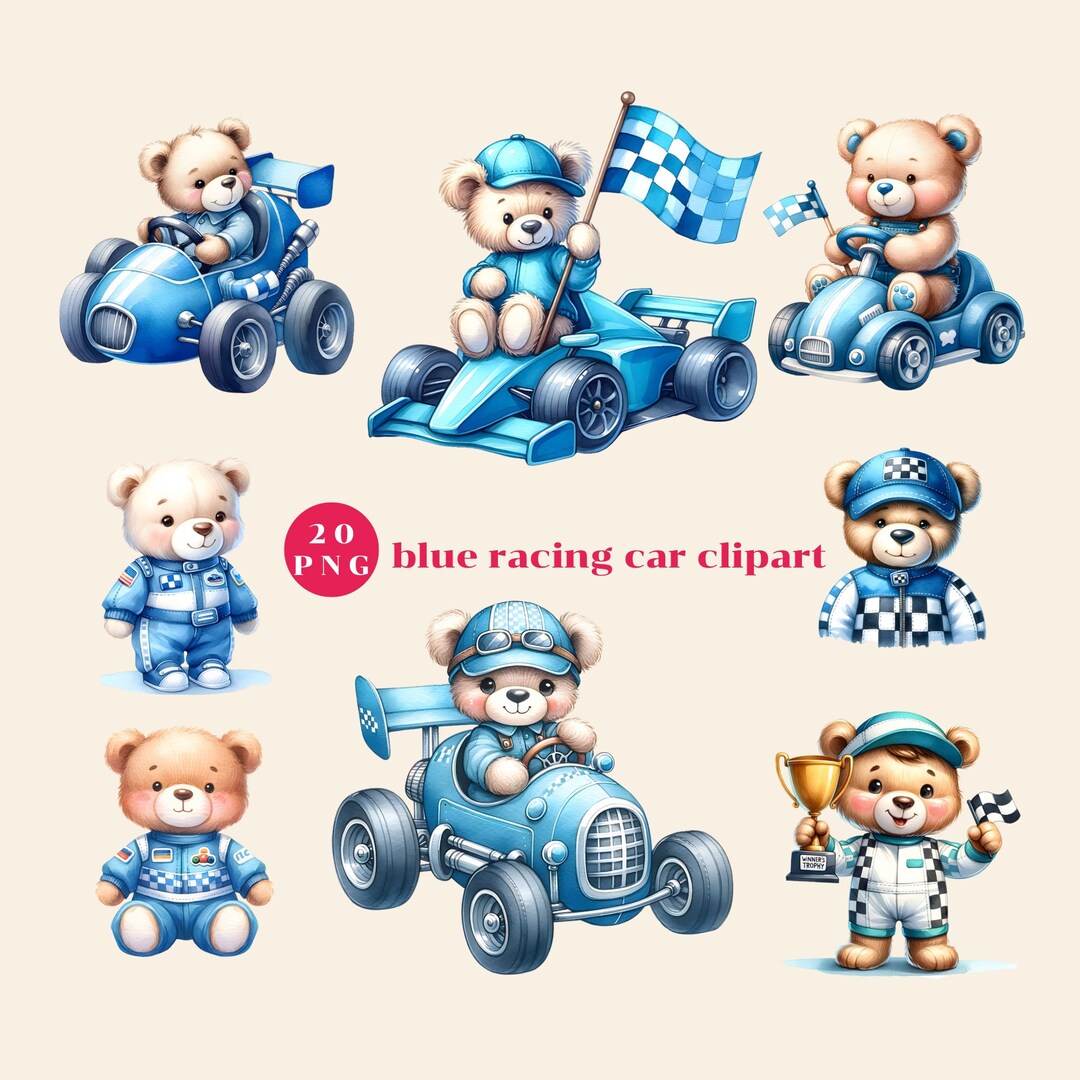 Blue Racing Bears Clipart: Watercolor Nursery PNG (digital Download) - Etsy