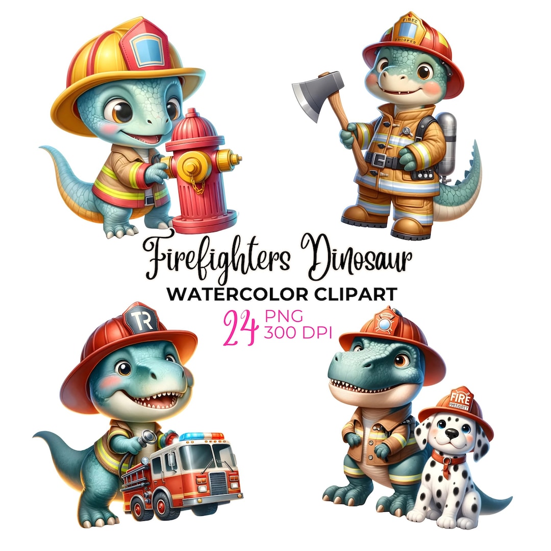 Watercolor Firefighter Dinosaur Clipart, Baby Dinosaur PNG, Cute ...