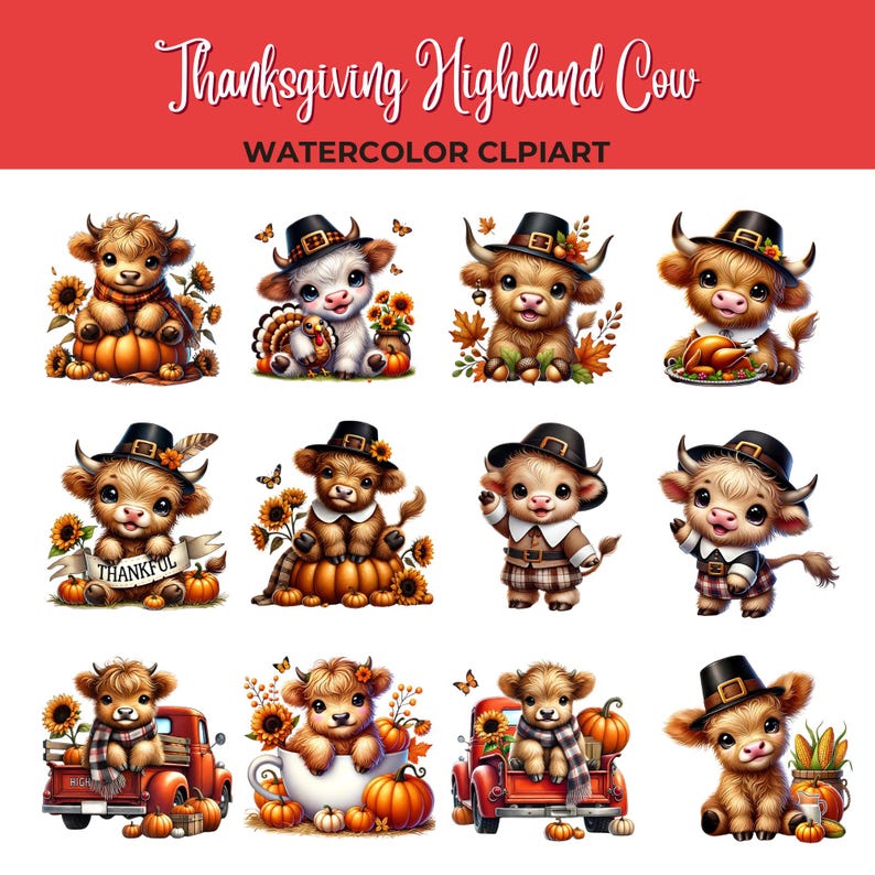 Watercolor Thanksgiving Highland Cow Clipart: Autumn Animals (PNG) - Etsy