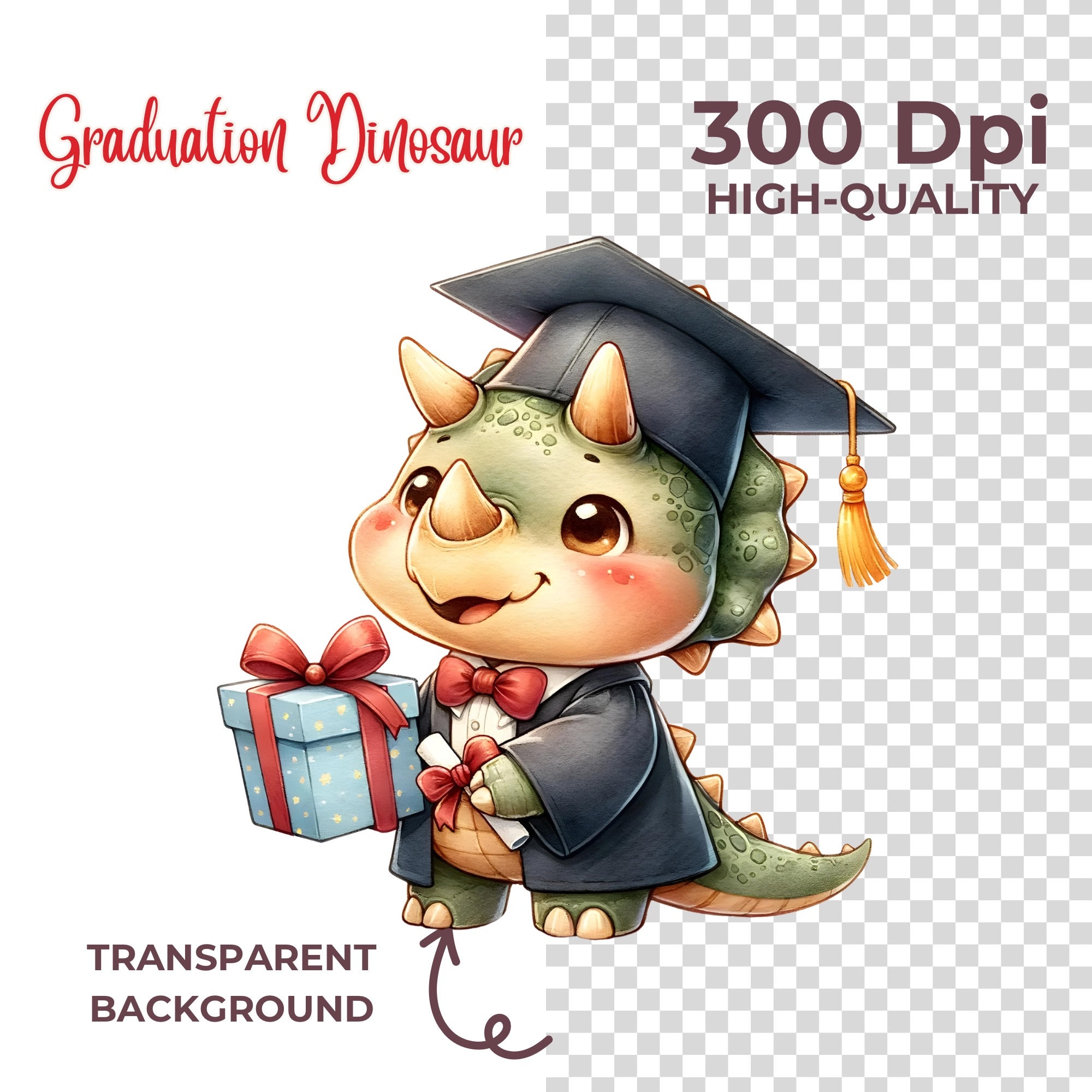 Watercolor Graduation Dinosaur Clipart: 20 PNG Images (commercial Use ...