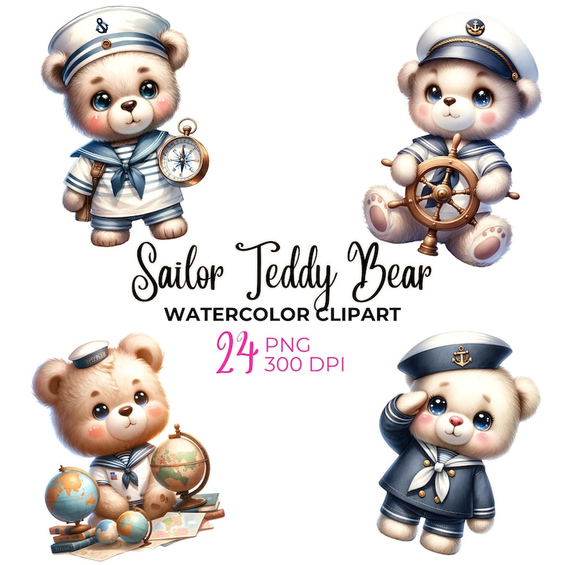 Watercolor Sailor Teddy Bear Clipart, Nautical Teddy Bear Clipart ...
