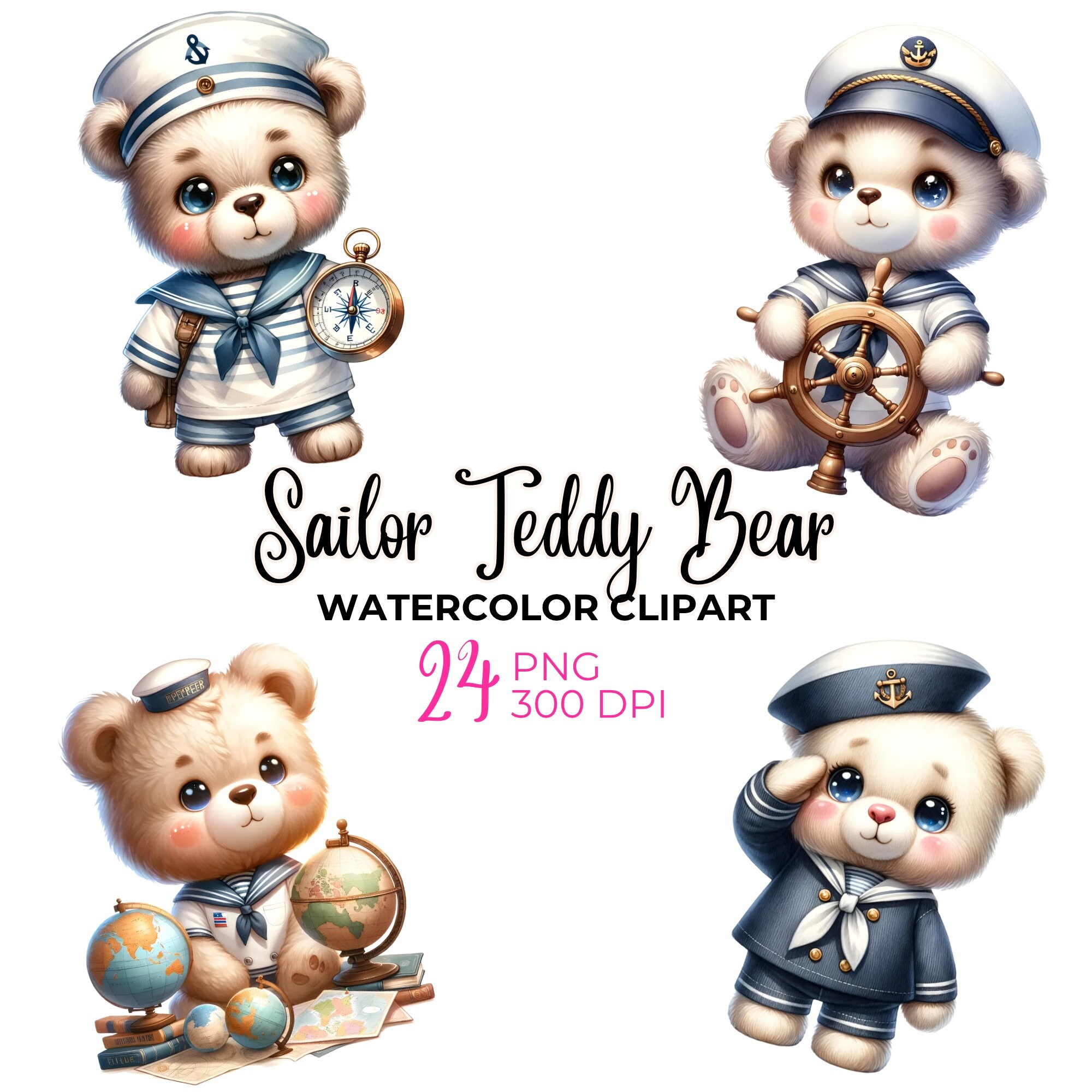 Watercolor Sailor Teddy Bear Clipart, Nautical Teddy Bear Clipart ...