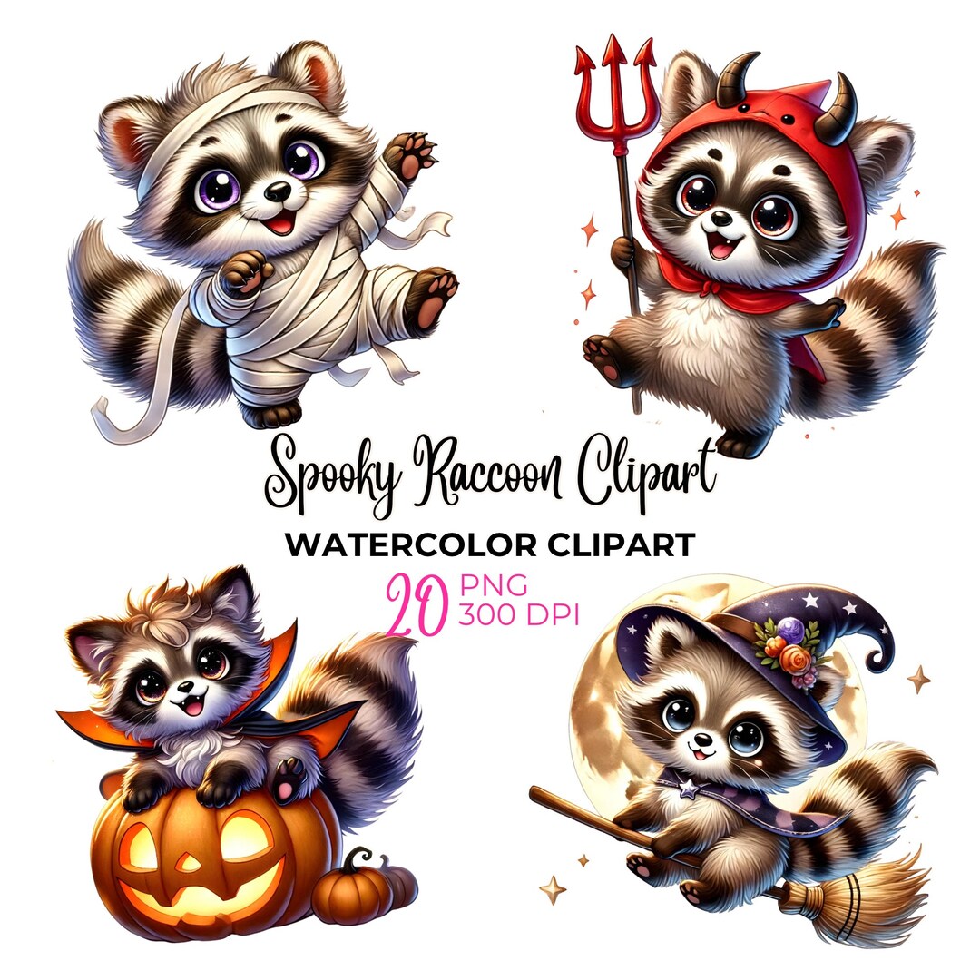 Watercolor Spooky Halloween Raccoon Clipart, Halloween Cute Raccoon PNG ...