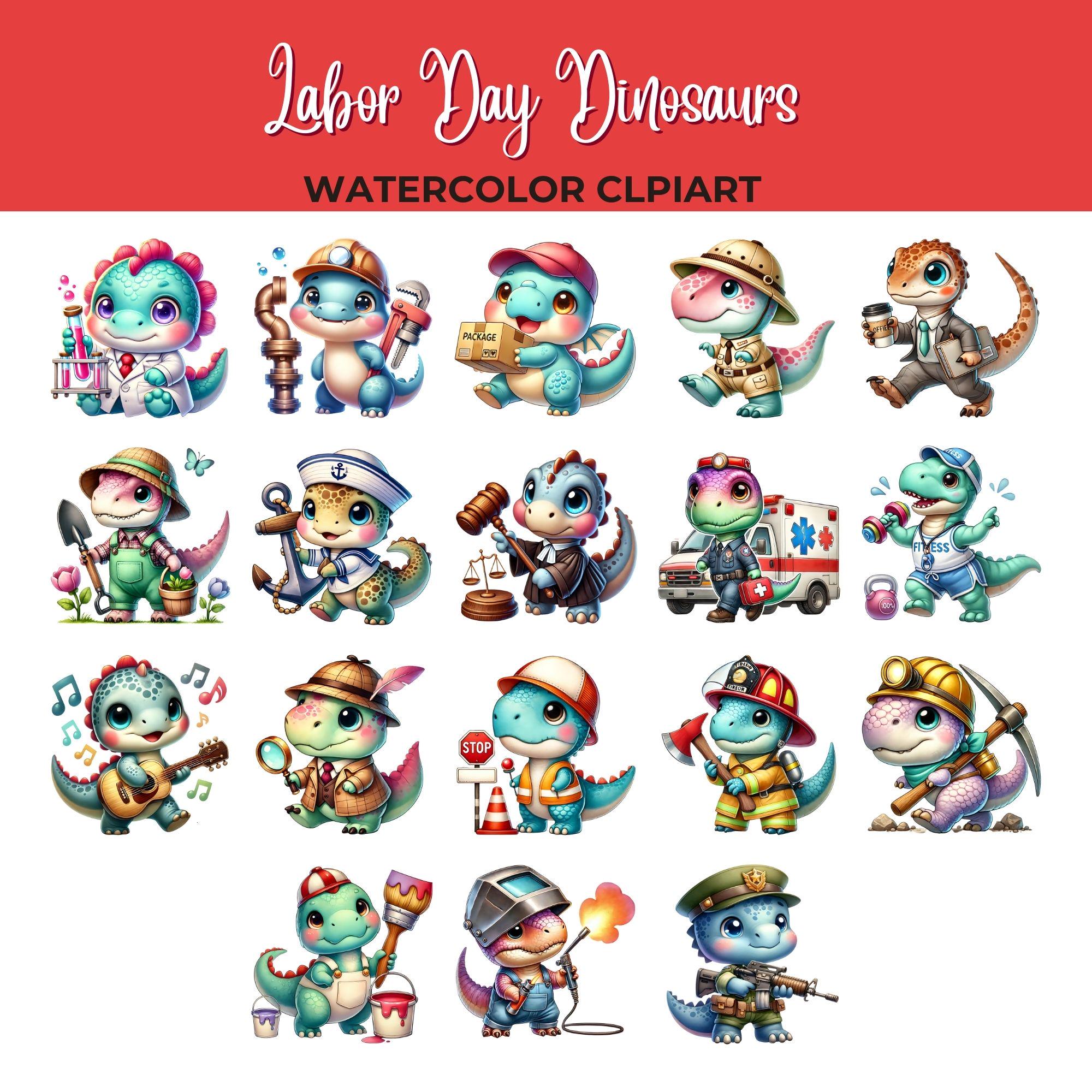 Watercolor Labor Day Cute Dinosaur Clipart, Occupations Baby Dinosaur ...