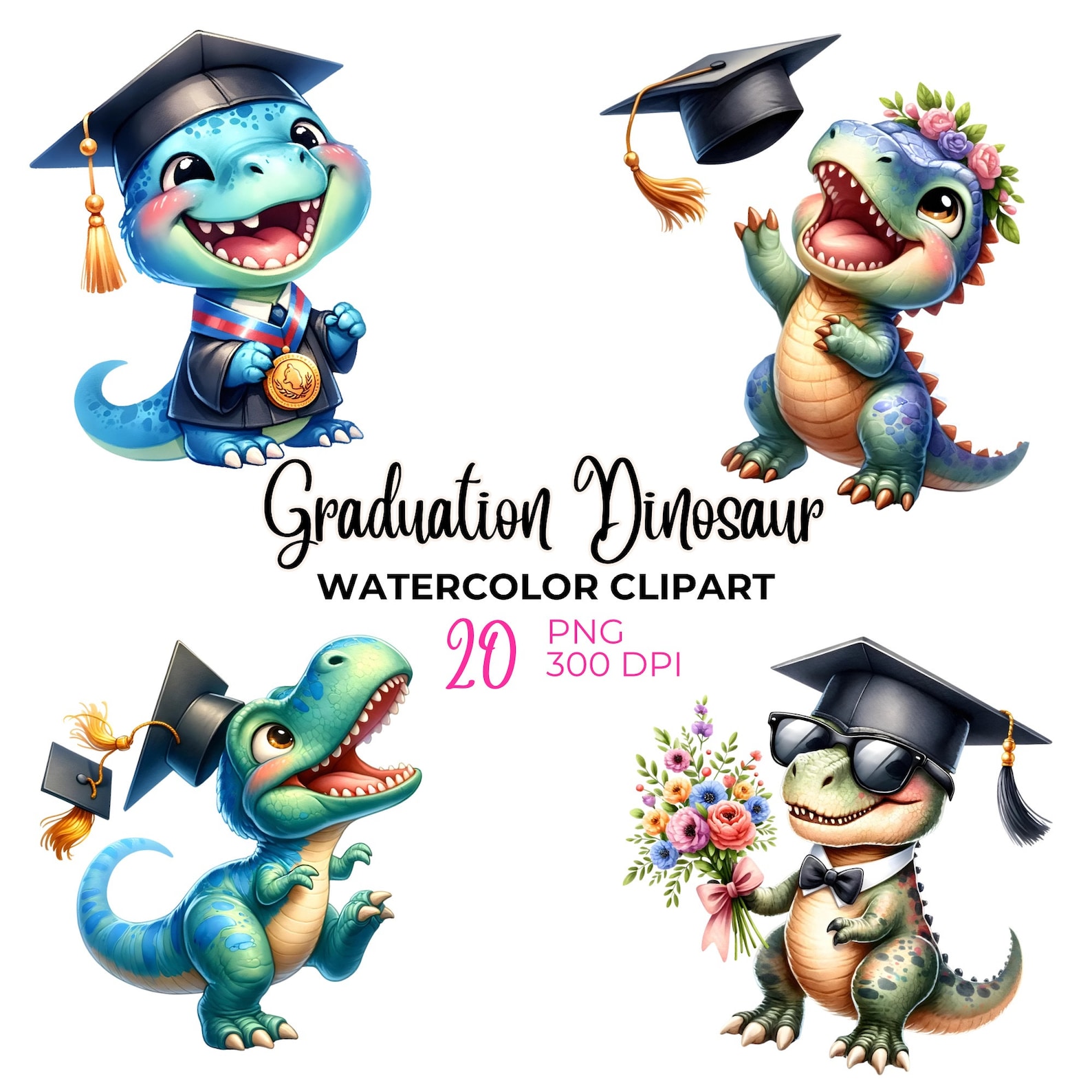 Watercolor Graduation Dinosaur Clipart: 20 PNG Images (commercial Use ...
