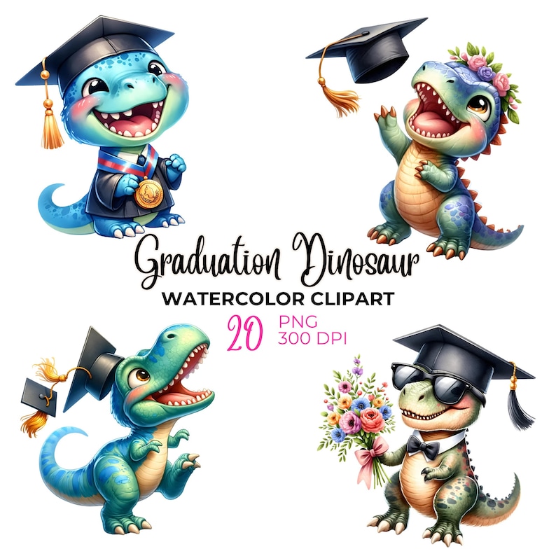 Watercolor Graduation Dinosaur Clipart: 20 PNG Images (commercial Use ...