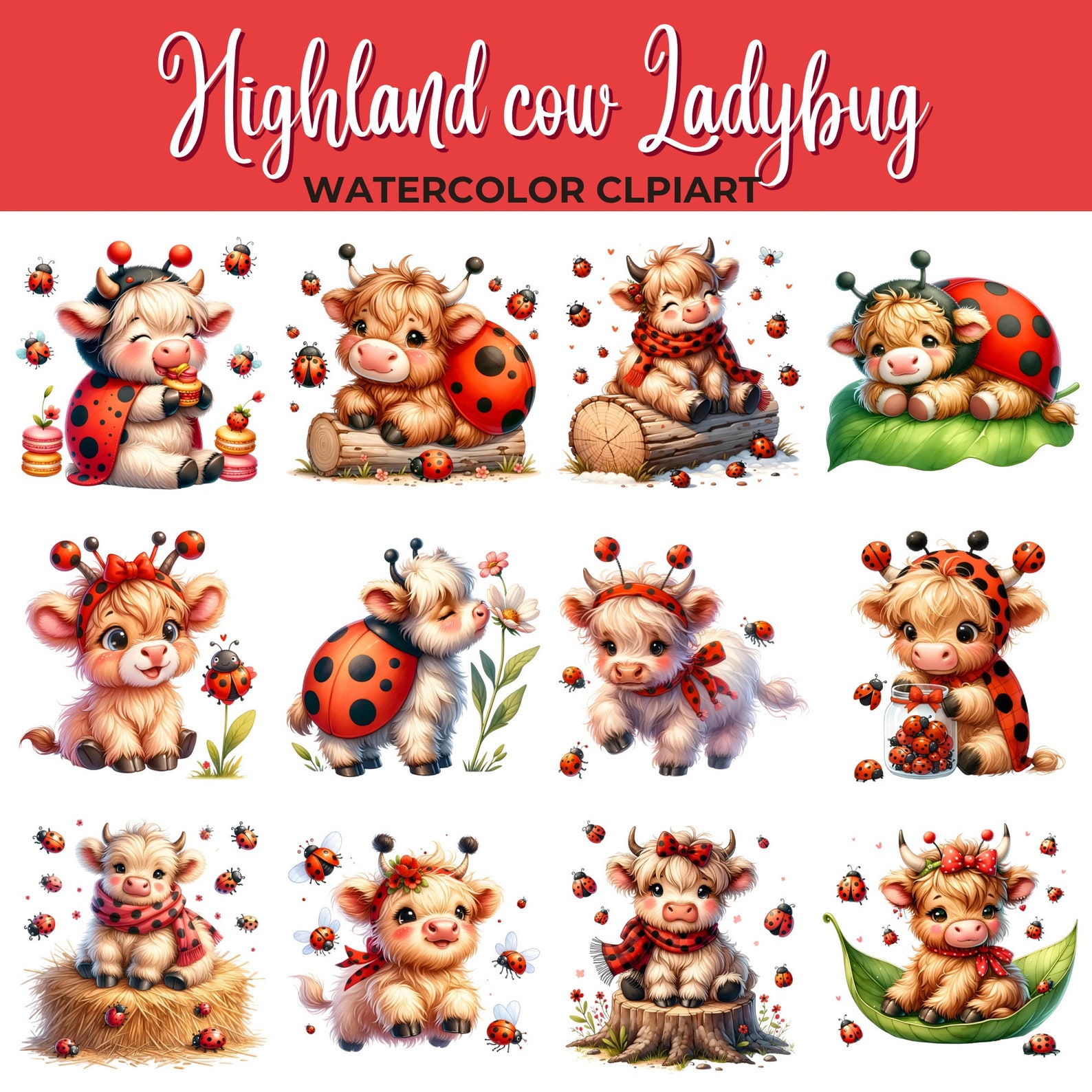 Watercolor Ladybug Highland Cow Clipart, Summer Highland Cow PNG ...