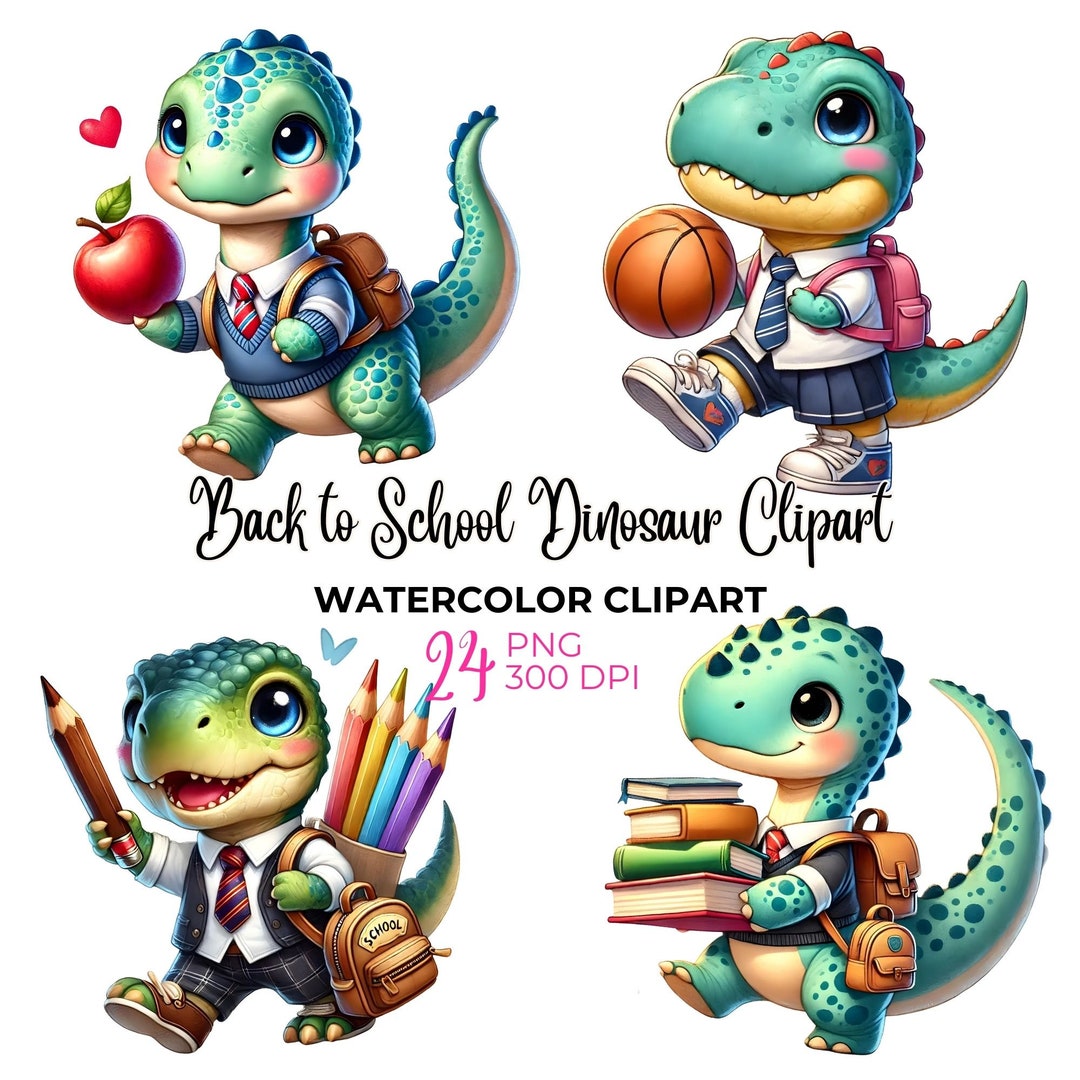 Watercolor Back to School Dinosaur Clipart, Reading Dinosaur PNG ...