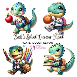 Watercolor Back to School Dinosaur Clipart, Reading Dinosaur PNG ...