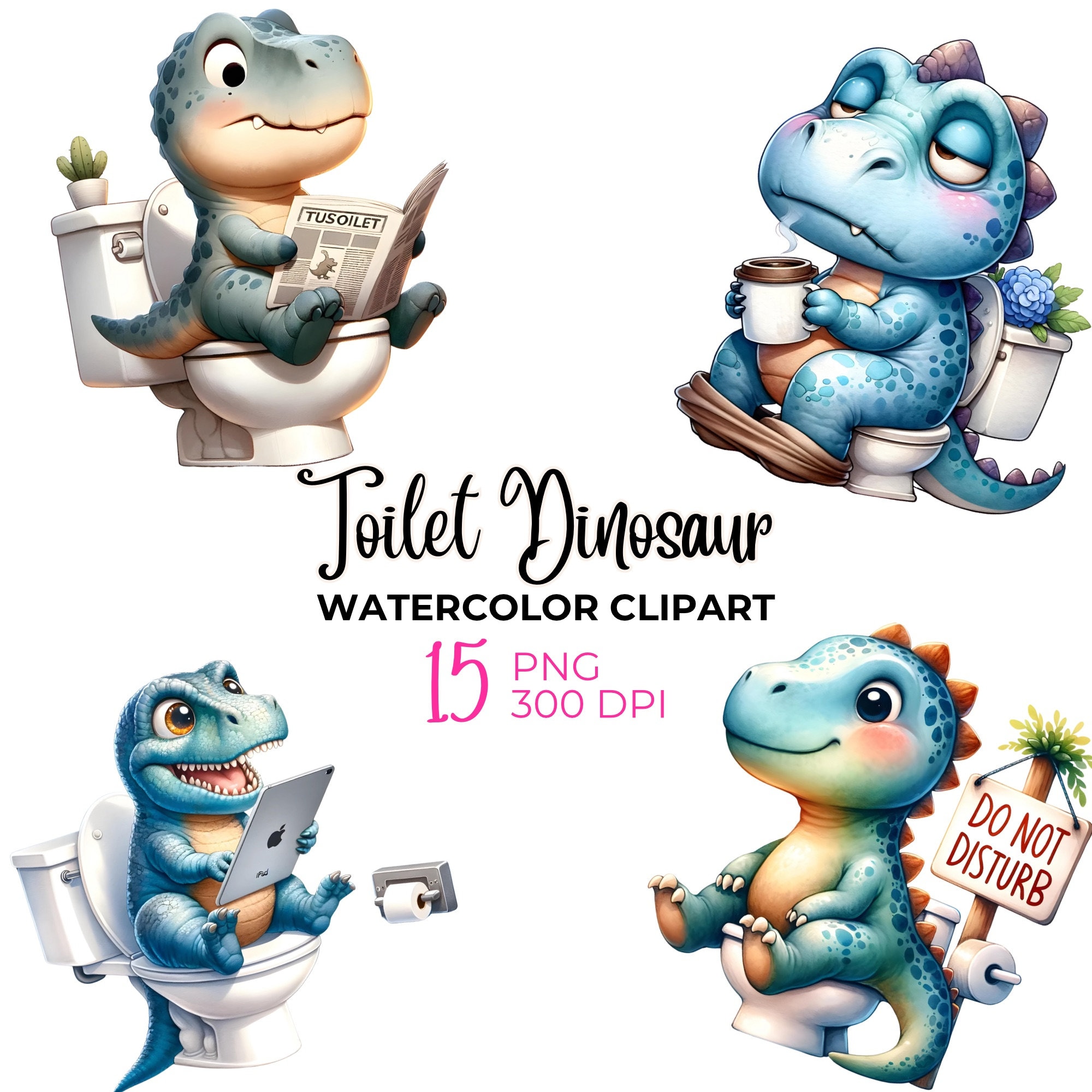 Watercolor Toilet Dinosaur Clipart, Newspaper Dinosaur Clipart ...
