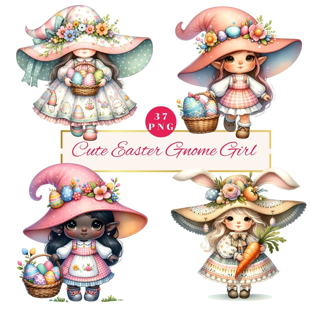 Cute Easter Gnome Girl Clipart, Easter Clipart, Nursery Decor, Easter ...