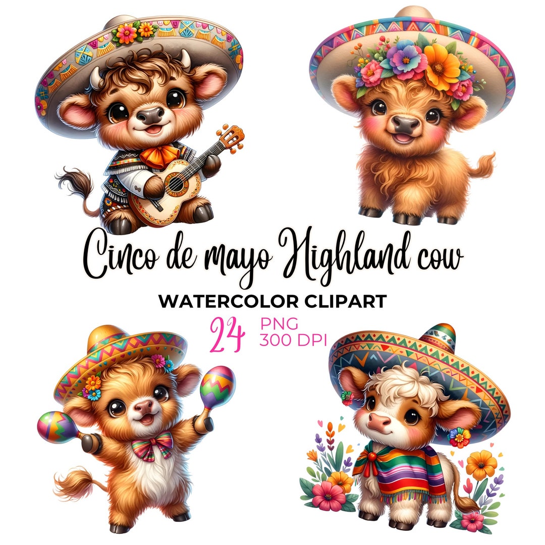 Watercolor Cinco De Mayo Highland Cow Clipart, Cute Highland Cow PNG ...