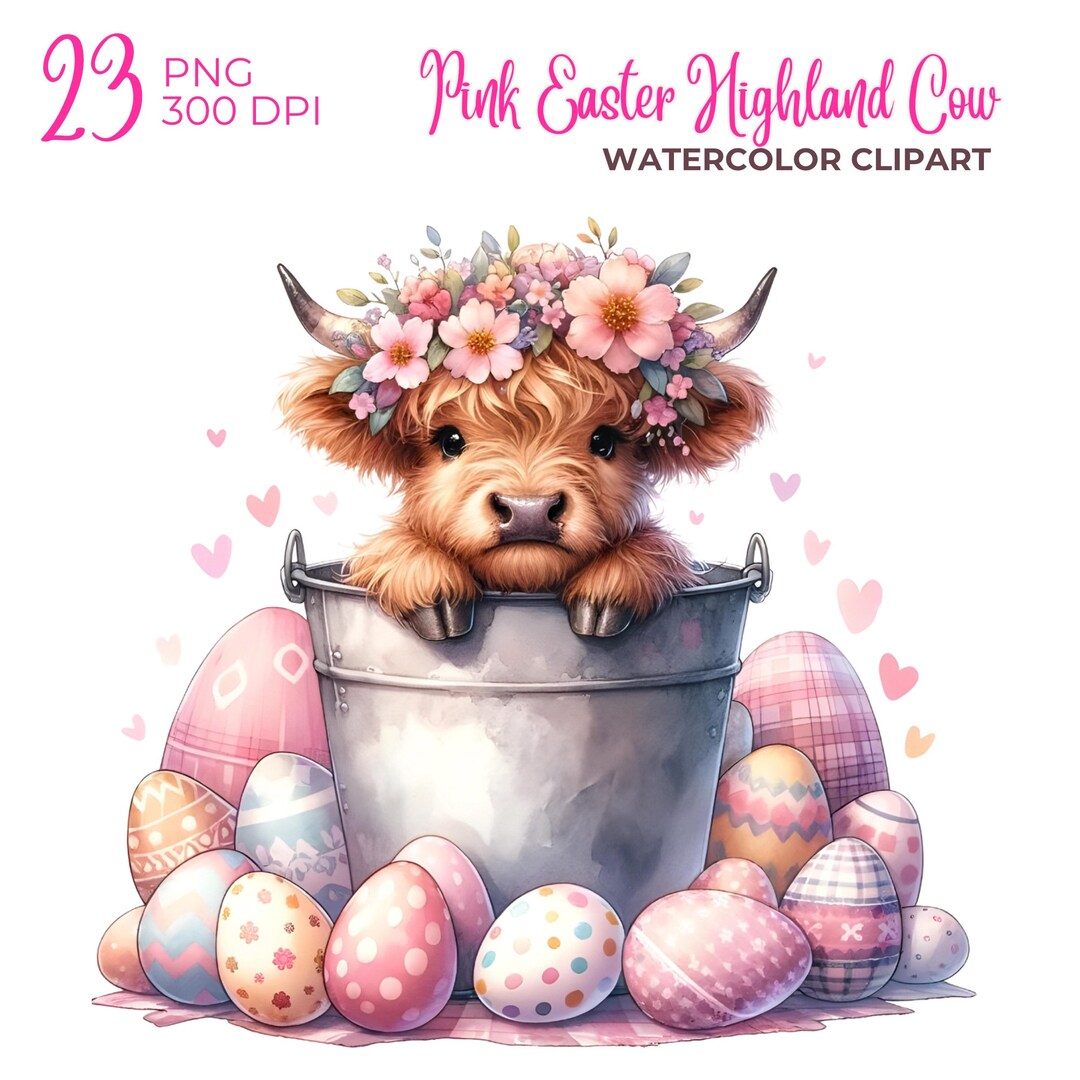 Watercolor Pink Easter Highland Cow Clipart: Nursery Decor (PNG) - Etsy