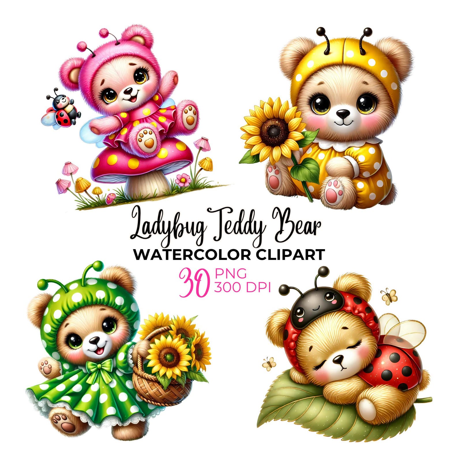 Watercolor Ladybug Teddy Bear Clipart: Nursery Sunflower PNG (digital ...