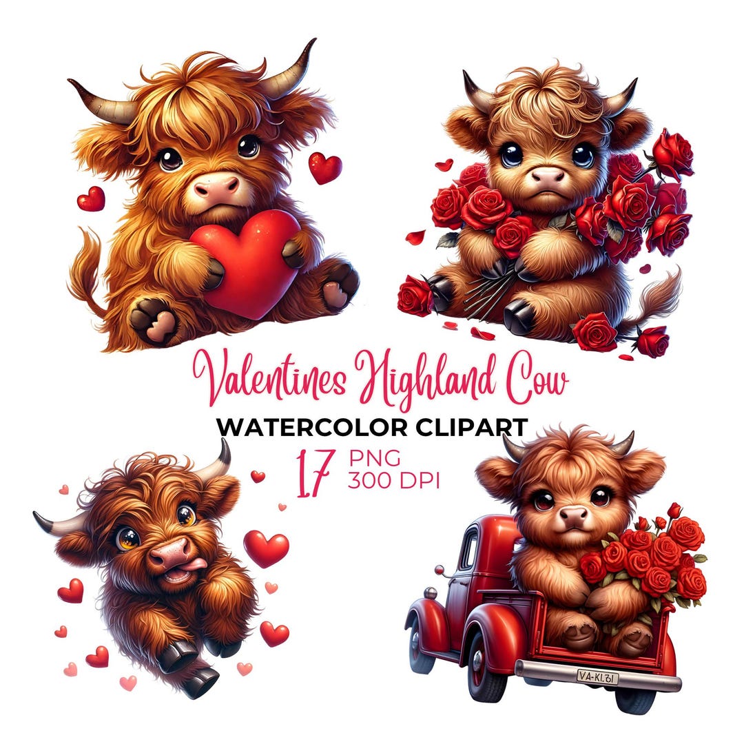 Watercolor Valentines Highland Cow Clipart, Cute Highland Cow PNG ...