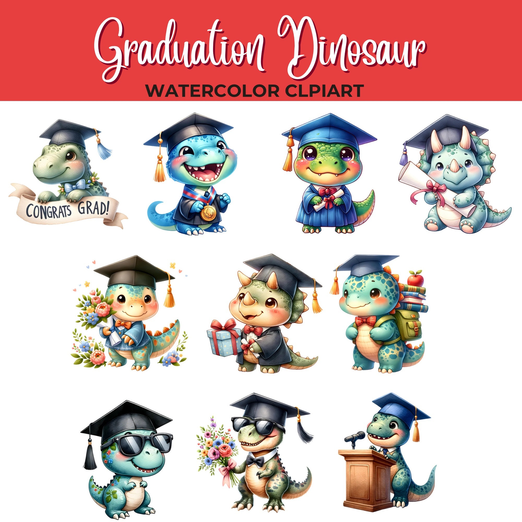 Watercolor Graduation Dinosaur Clipart, Dinosaur PNG, Preschool ...